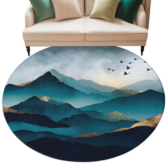 Blue Gold Geometric Round Rug 8ft Washable Circle Rugs Non Slip Modern ...