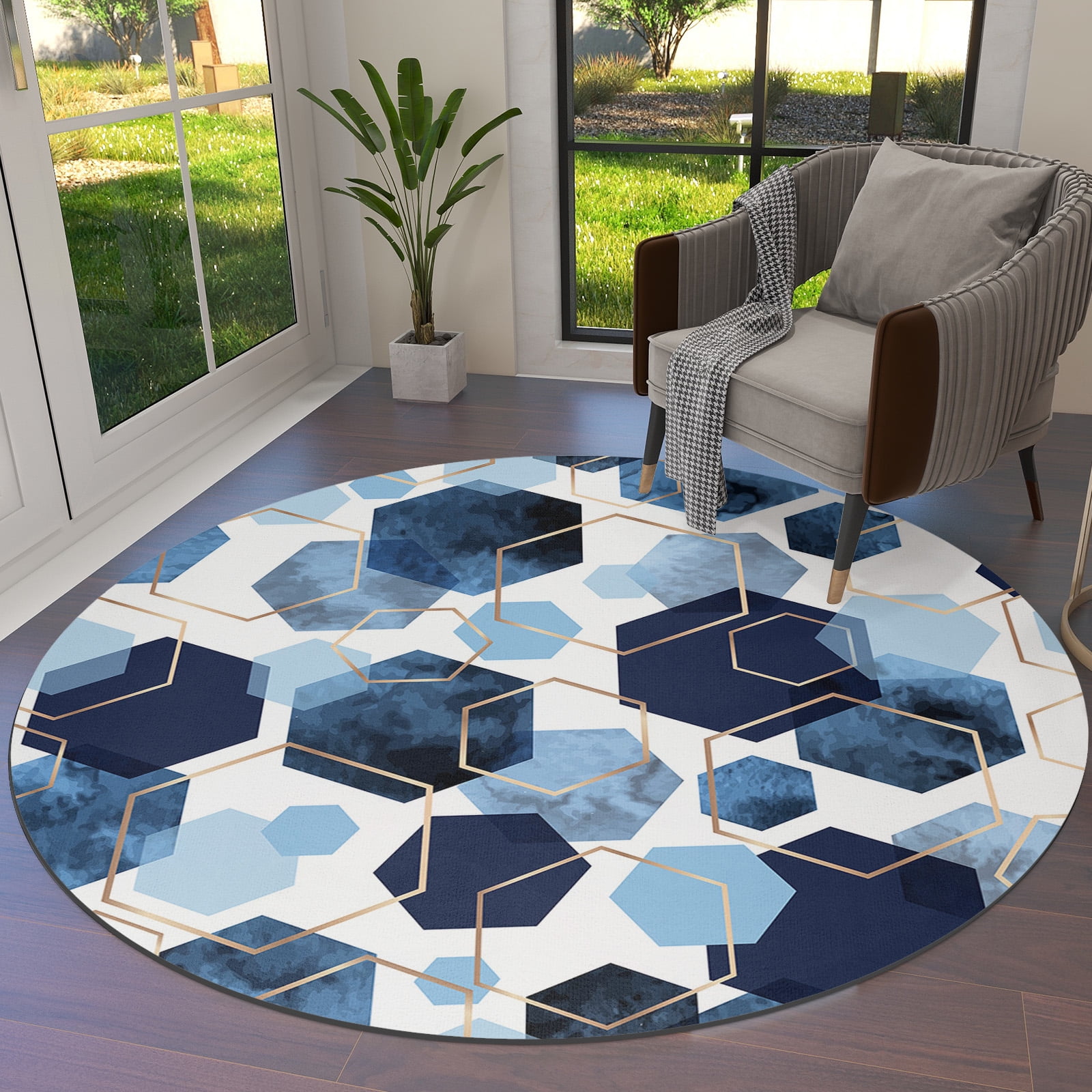 Blue Gold Geometric Texture Round Area Rug Carpets for Living Room ...