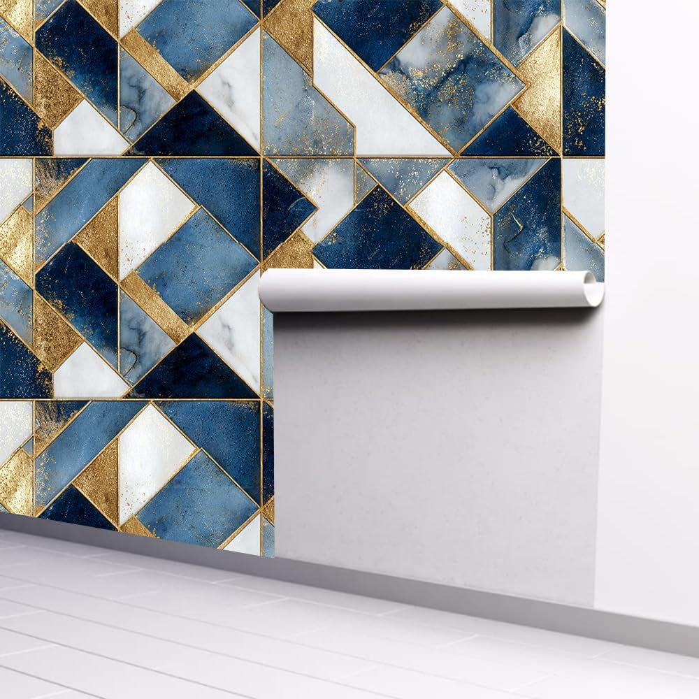 Blue Gold Geometric Wallpaper 39x16 Inch Decorative Stick Wall Decals ...