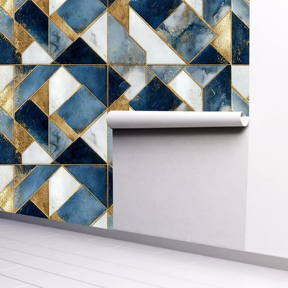 Blue Gold Geometric Wallpaper 39x16 Inch Decorative Stick Wall Decals ...