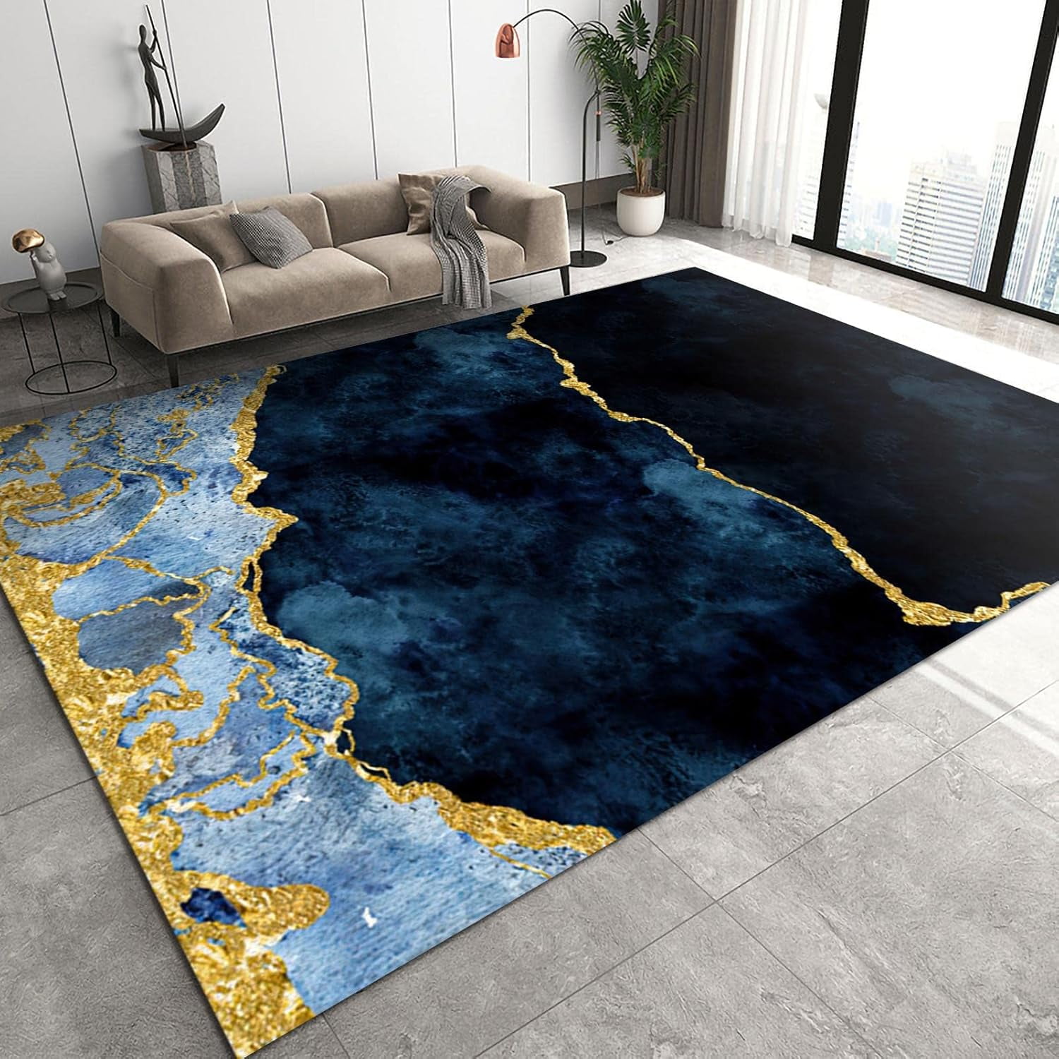 Blue Gold Gradient Marble Texture Area Rugs, Modern Abstract Light ...