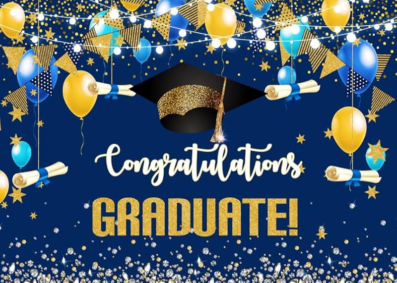 Blue and Gold Graduation Backdrop Bachelor Cap Balloon Congrats Grad ...