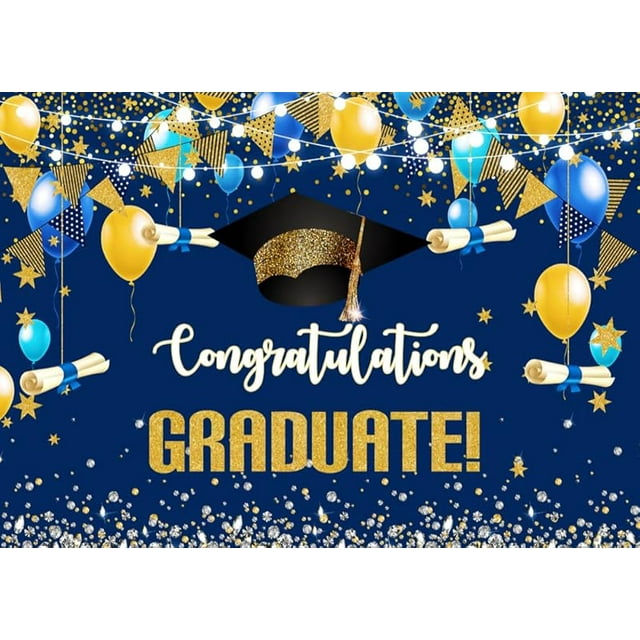 Blue and Gold Graduation Backdrop Bachelor Cap Balloon Congrats Grad ...