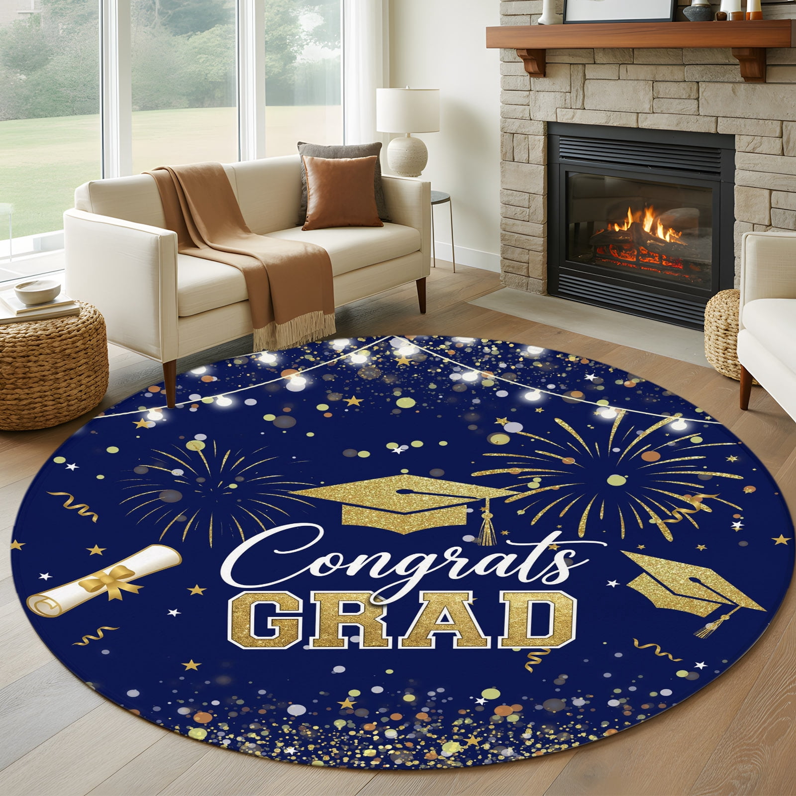 Blue Gold Graduation Cap 8FT Round Area Rugs for Living Room Graduates ...