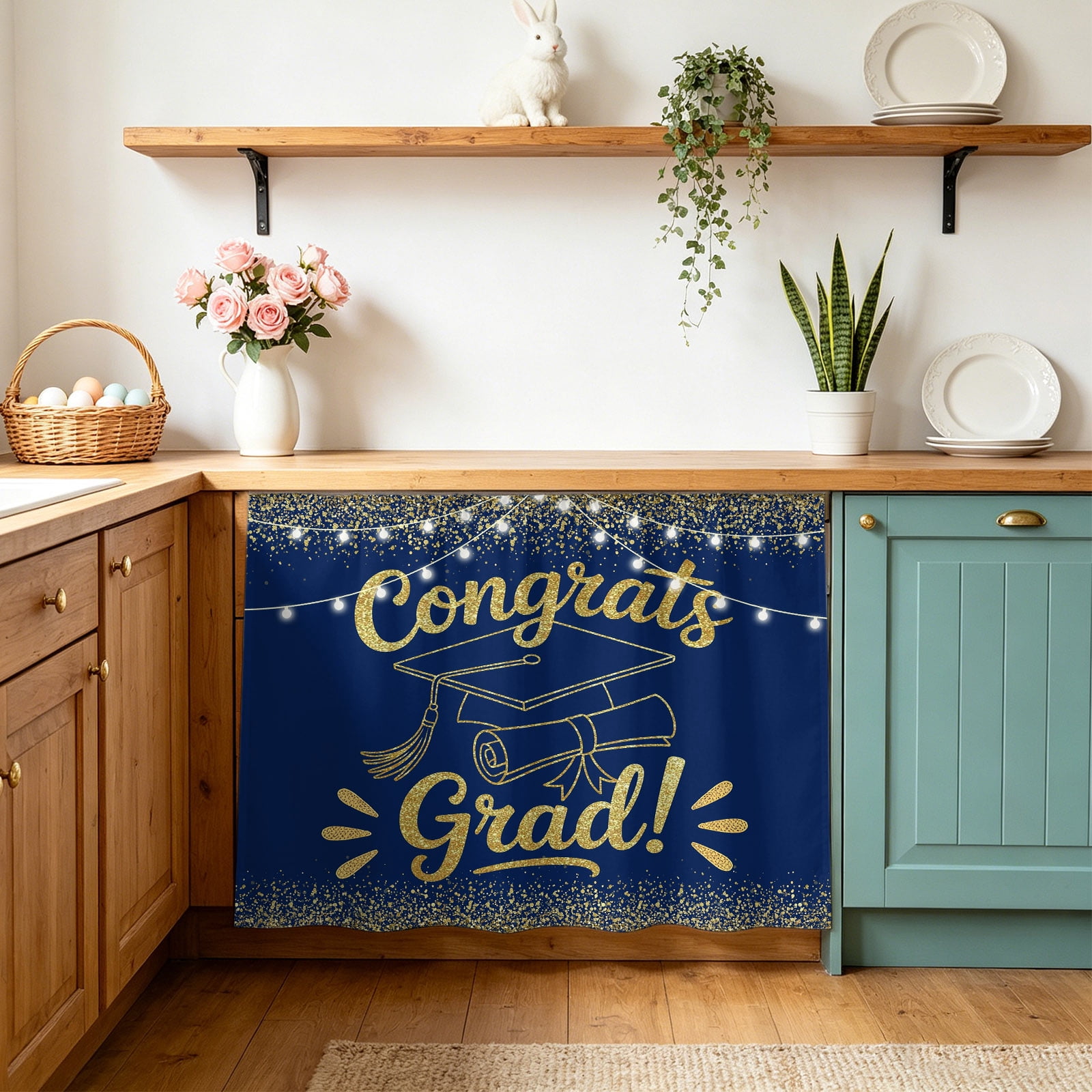 Blue Gold Graduation Cap Cabinet Curtains 11" W x 13" L Sequins Light ...
