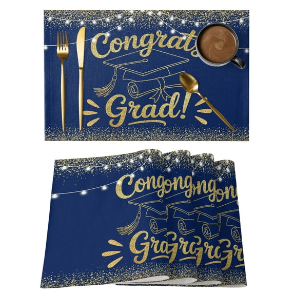 Blue Gold Graduation Cap Cotton Linen Placemats Set of 8, Sequins Light ...