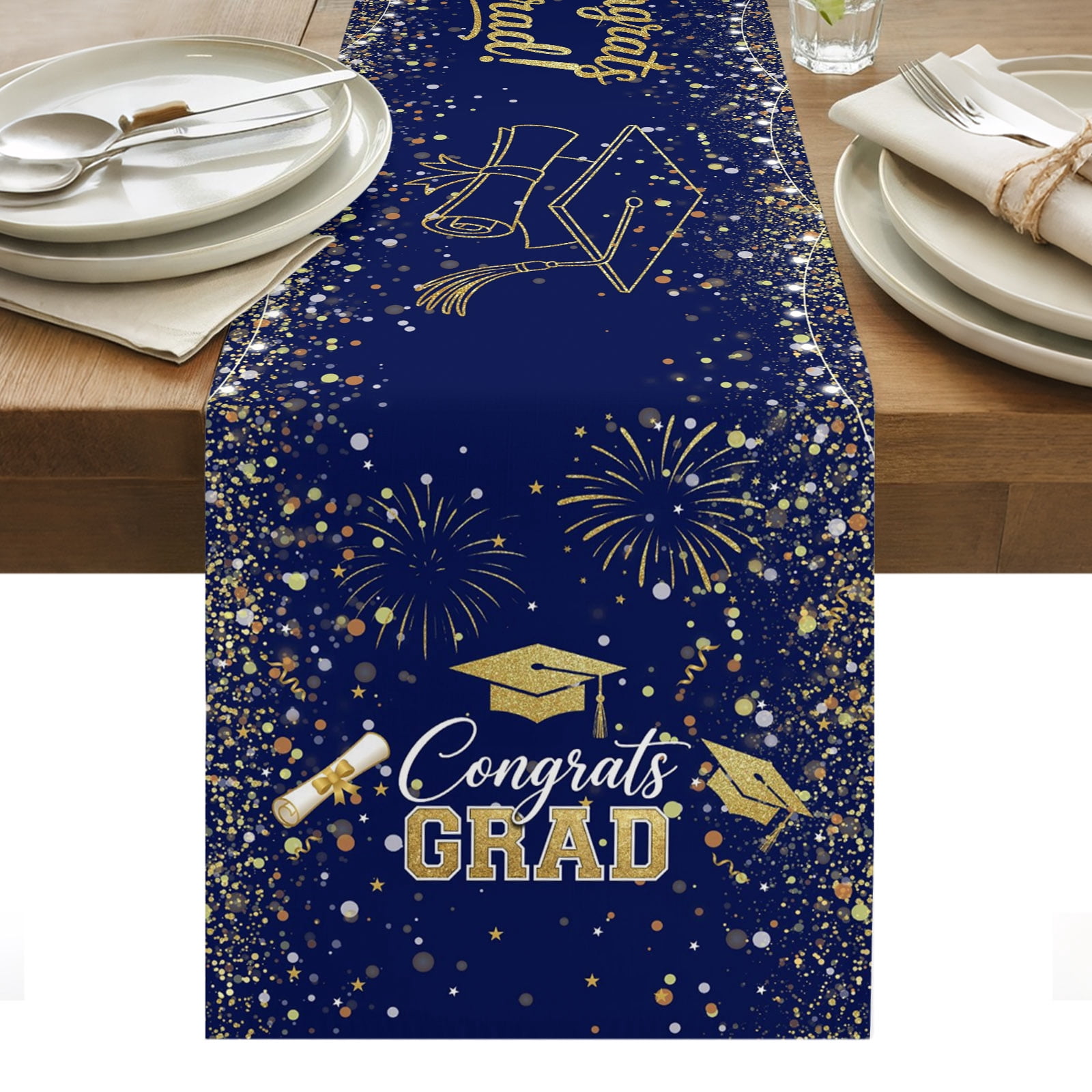 Blue Gold Graduation Cap Cotton Linen Table Runner Graduates ...
