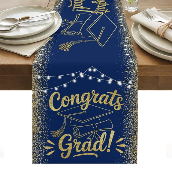 Blue Gold Graduation Cap Cotton Linen Table Runner Sequins Light ...