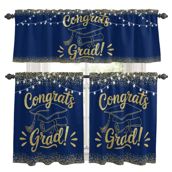 Blue Gold Graduation Cap Kitchen Curtains Valance and Tier Set Sequins ...