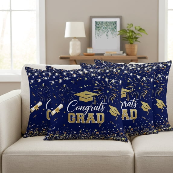 Blue Gold Graduation Cap Pillow Covers Set of 4, Graduates Celebration ...