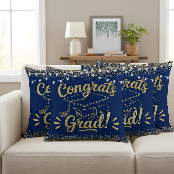 Blue Gold Graduation Cap Pillow Covers Set of 4, Sequins Light Festive ...