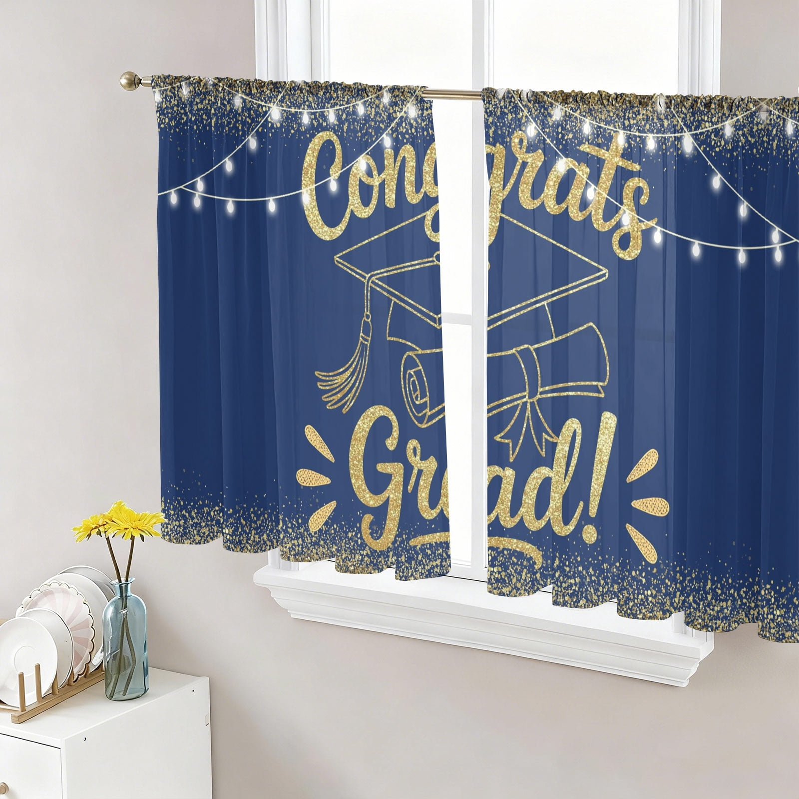Blue Gold Graduation Cap Sheer Curtains for Living Room Bedroom ...