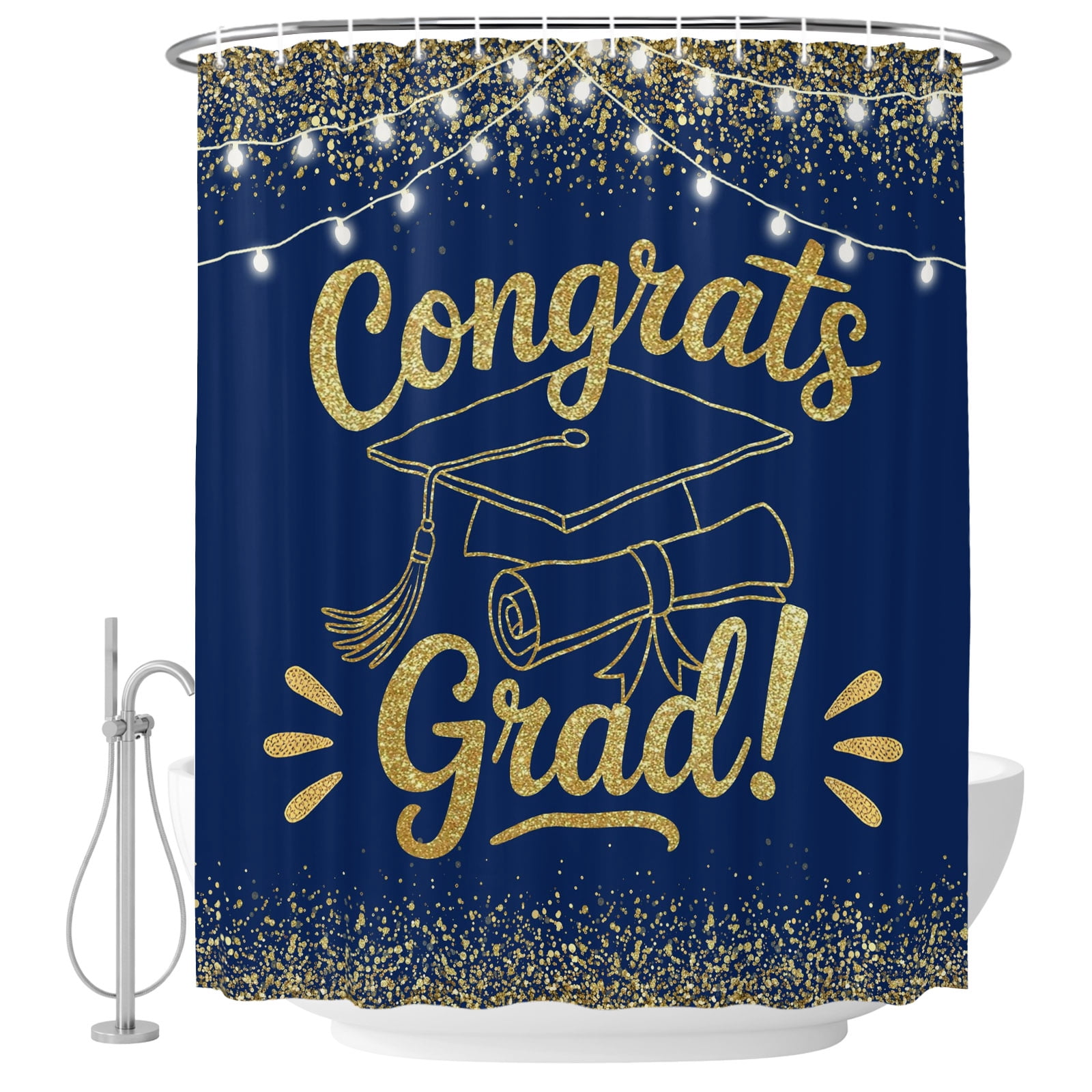 Blue Gold Graduation Cap Shower Curtain for Bathroom, Sequins Light ...