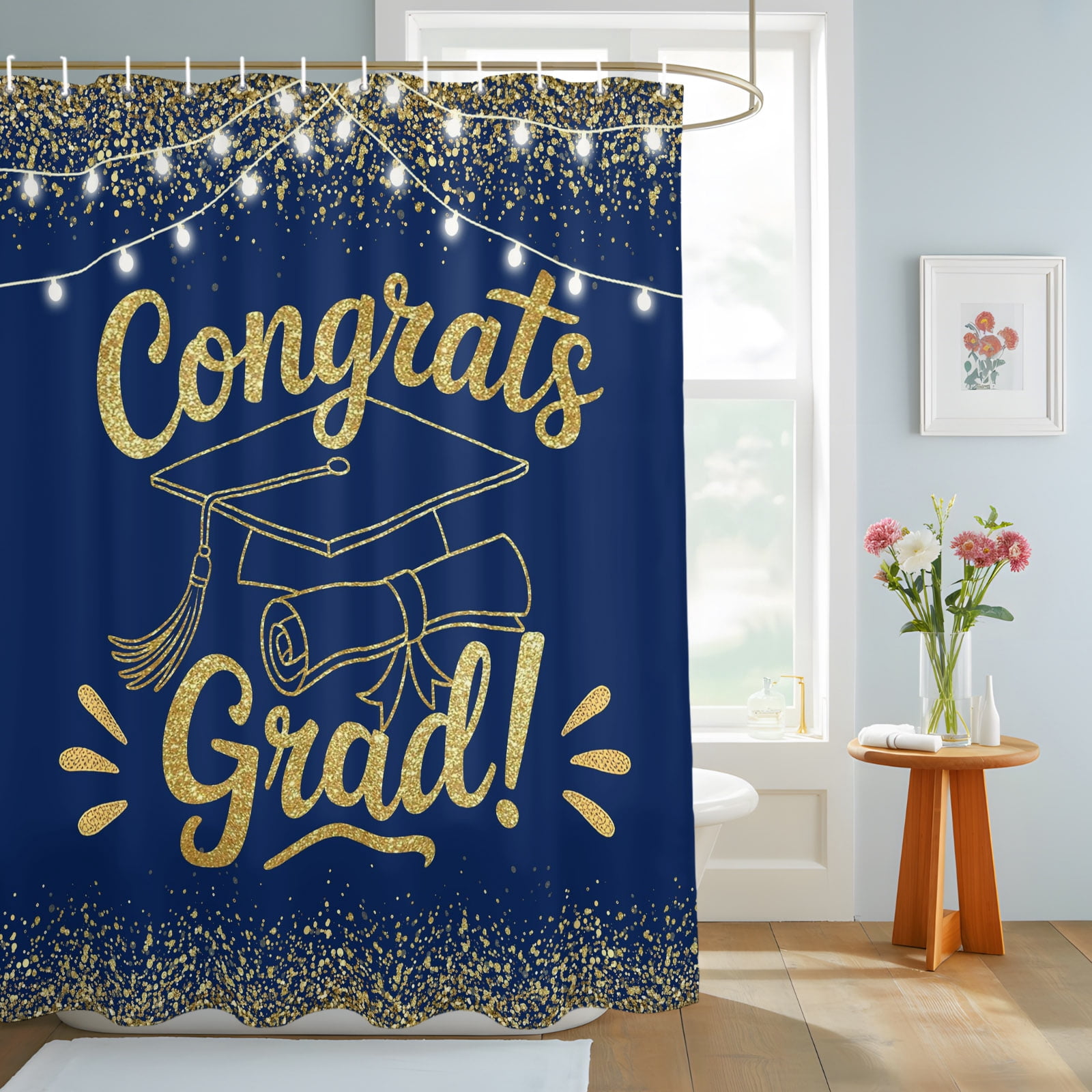 Blue Gold Graduation Cap Shower Curtain, Sequins Light Festive ...