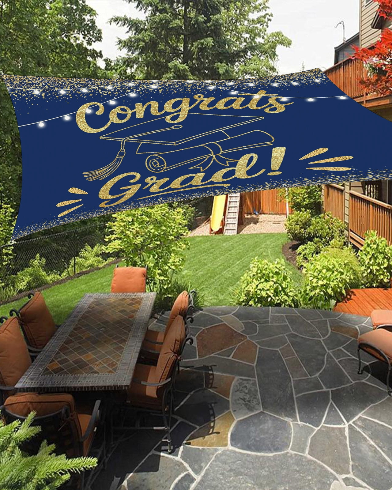 Blue Gold Graduation Cap Sun Shade Sail 8'X10' Sequins Light Festive ...