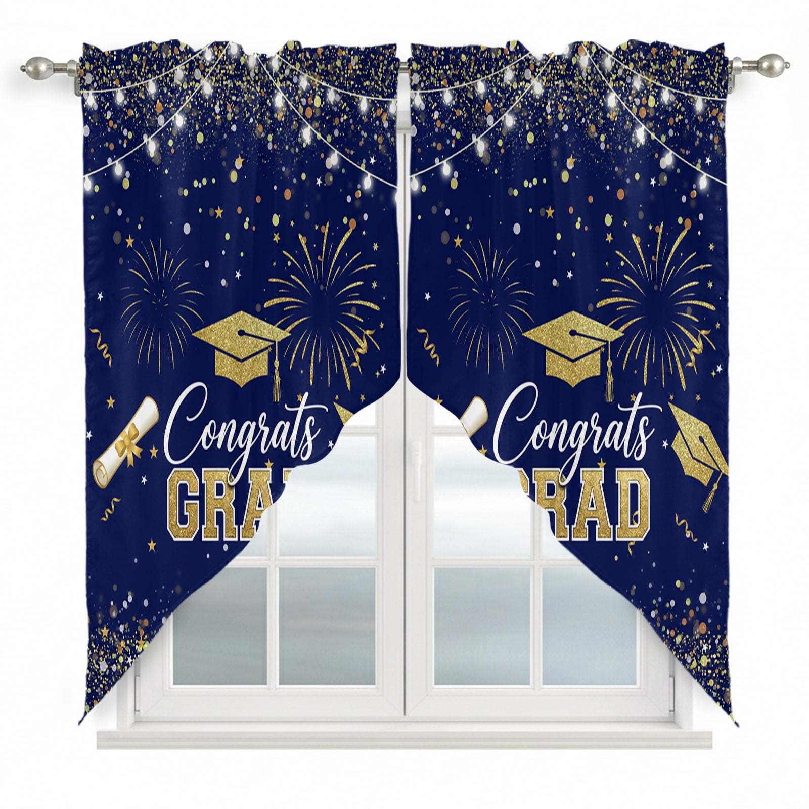 Blue Gold Graduation Cap Swag Curtain Valance for Window 2 Panels ...