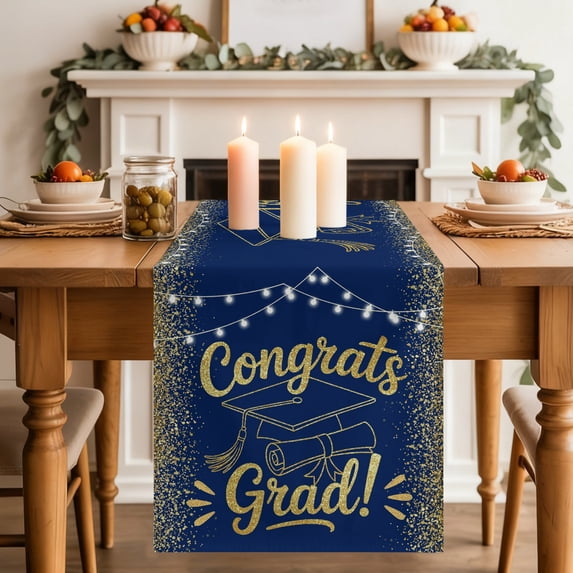Blue Gold Graduation Cap Table Runner, Sequins Light Festive ...