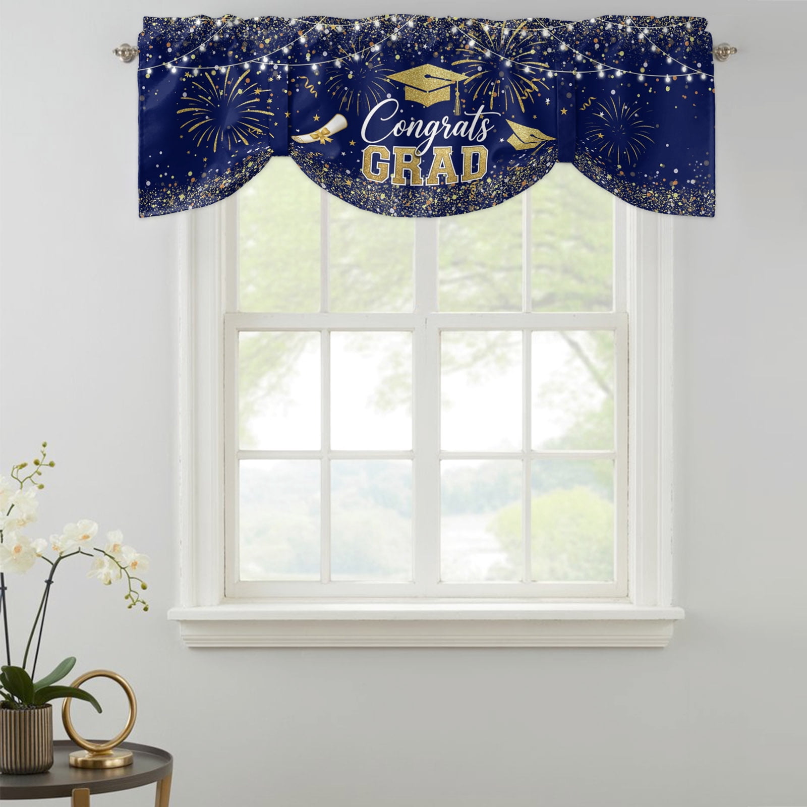 Blue Gold Graduation Cap Tie Up Valances Curtain, Graduates Celebration ...