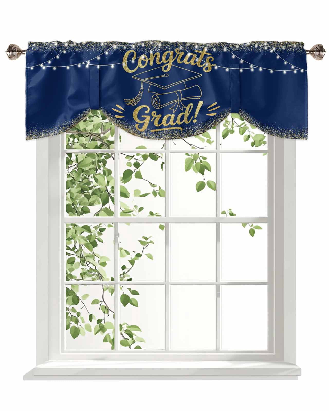 Blue Gold Graduation Cap Tie Up Valances Curtain, Sequins Light Festive ...