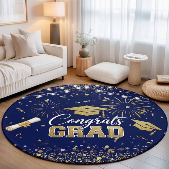 Blue Gold Graduation Cap Washable Round Area Rug 3 ft, Graduates ...