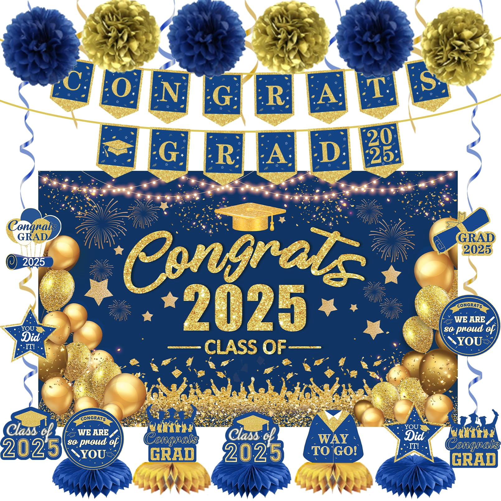 Blue Gold Graduation Decorations Class of 2025 Congrats Grad 2025 ...