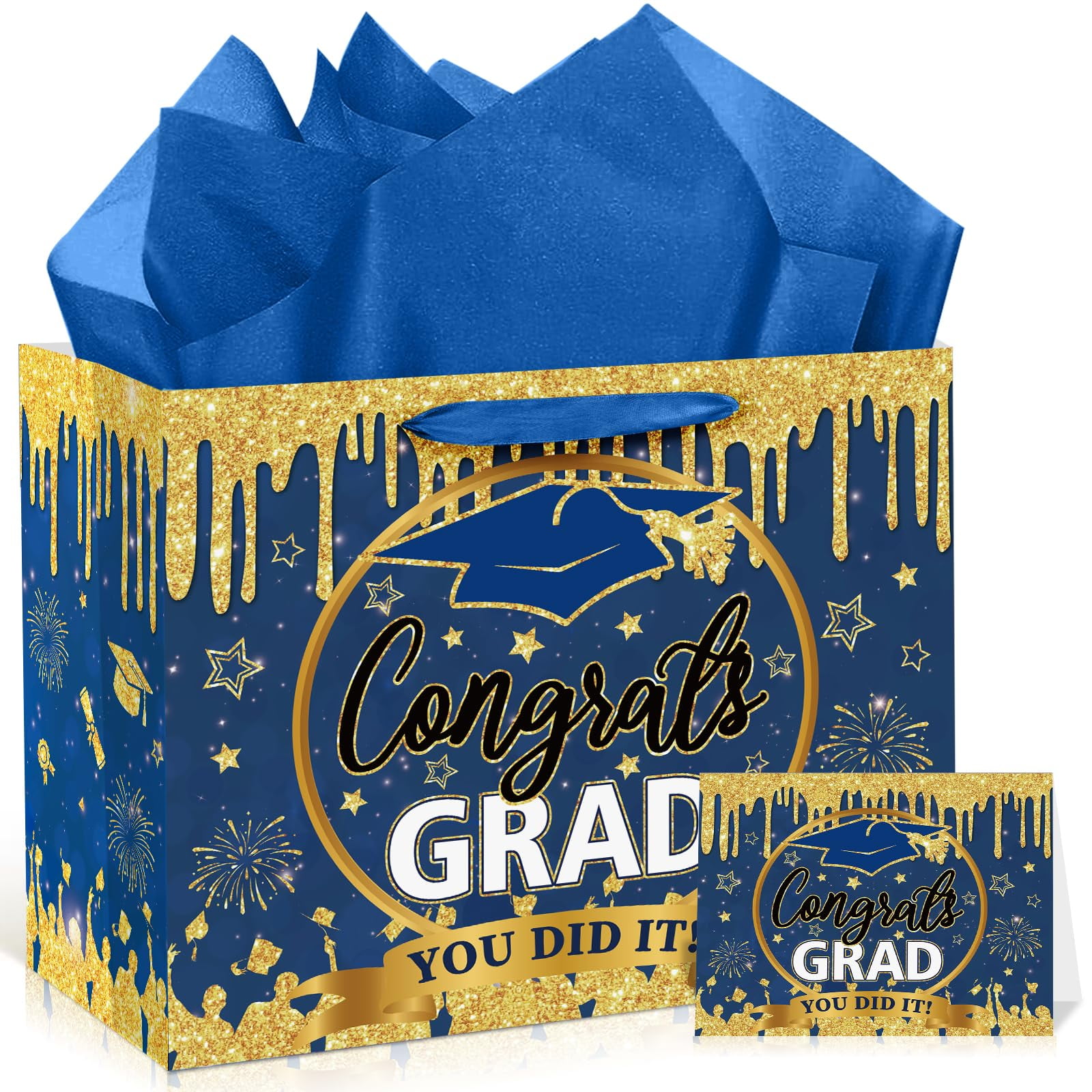 Blue Gold Graduation Gift TSF6 Bag with Tissue Paper Cards Blue Gold Congrats Grad Gift Wrapping ...