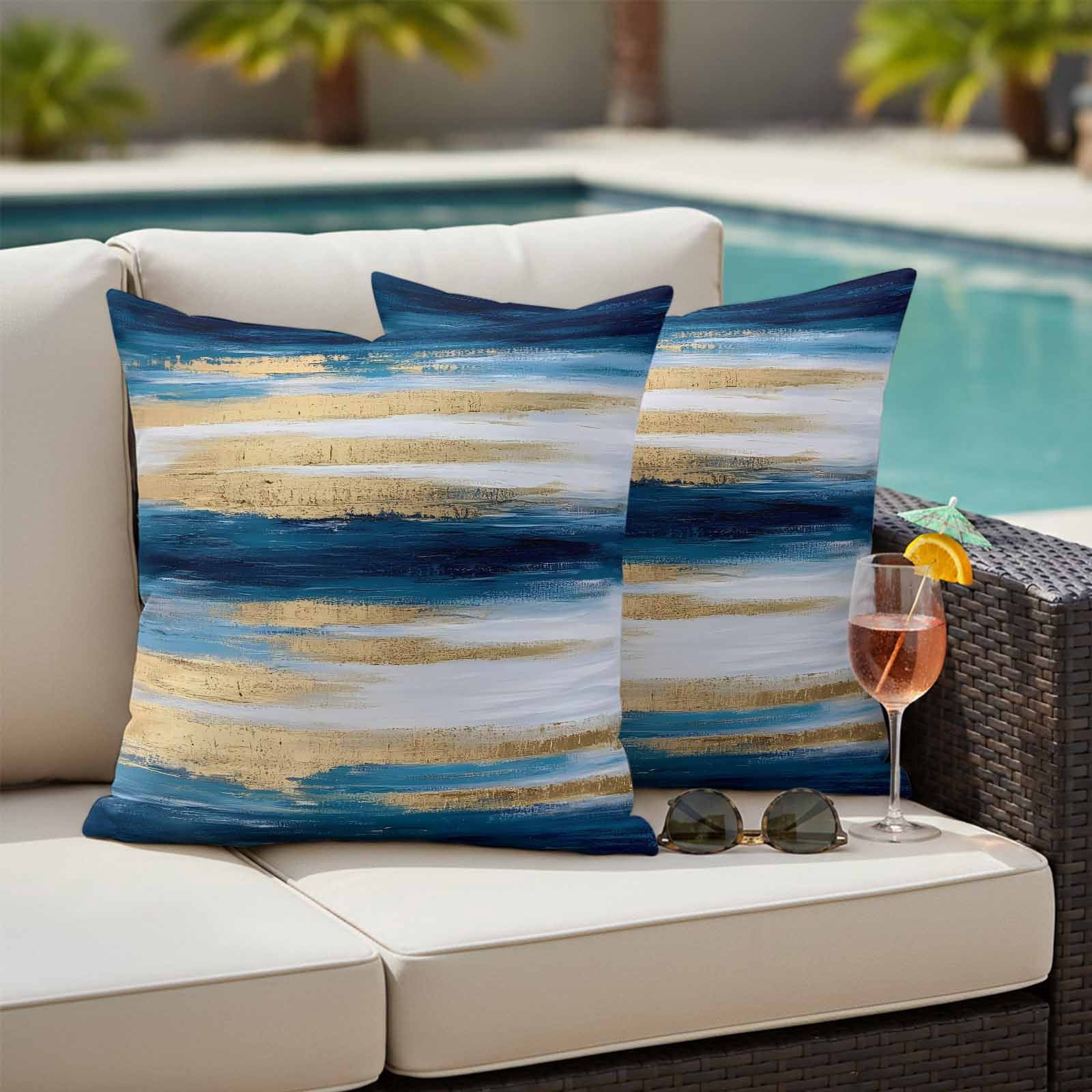 Blue Gold Graffiti Outdoor Waterproof Throw Pillow Covers Set of 2, 20 ...