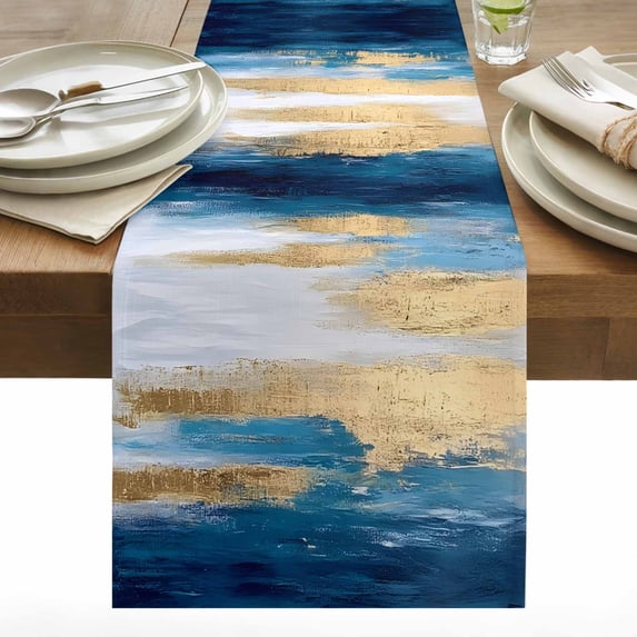 Blue Gold Graffiti Table Runner 13x90 inch Retro Brush Cotton Linen ...