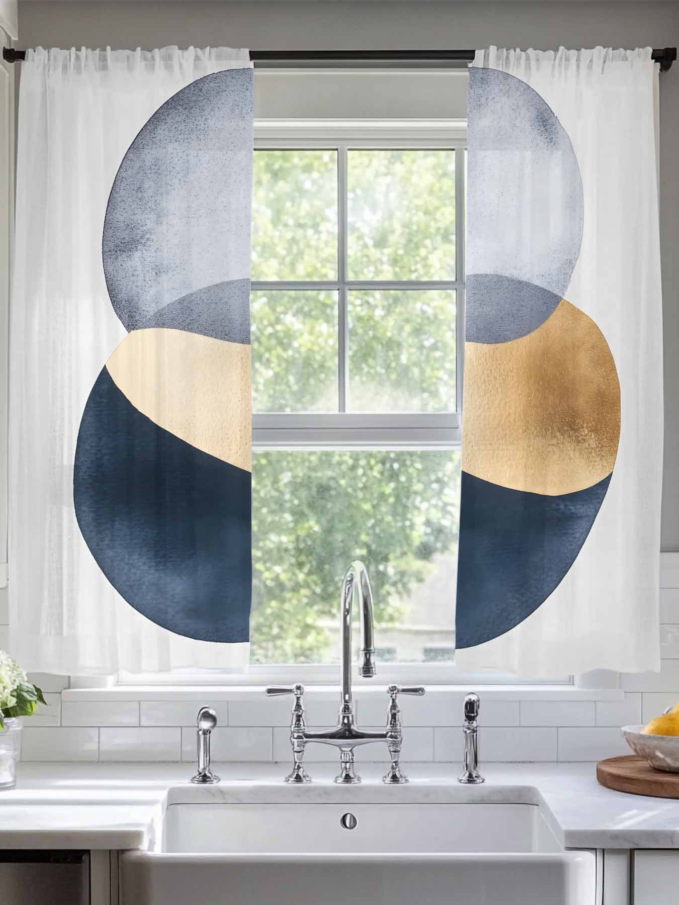 Blue Gold Gray Color Block Chiffon Sheer Curtains 72 Inches Long ...