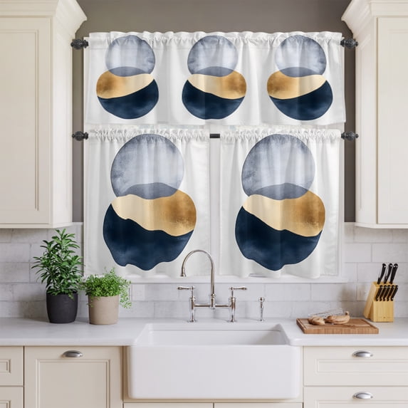 Blue Gold Gray Color Block Curtain Tier and Valance Set 3 Piece ...