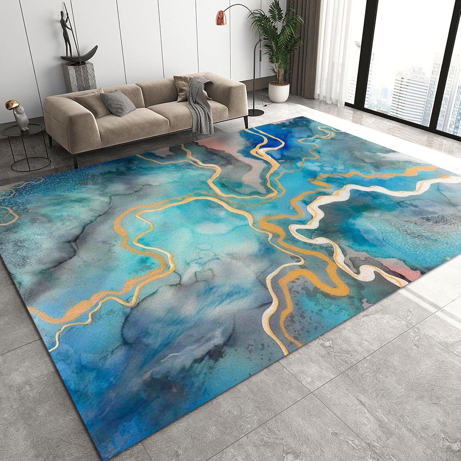 Blue Gold Gray Marble Area Carpet, Modern Watercolor Ink Texture ...