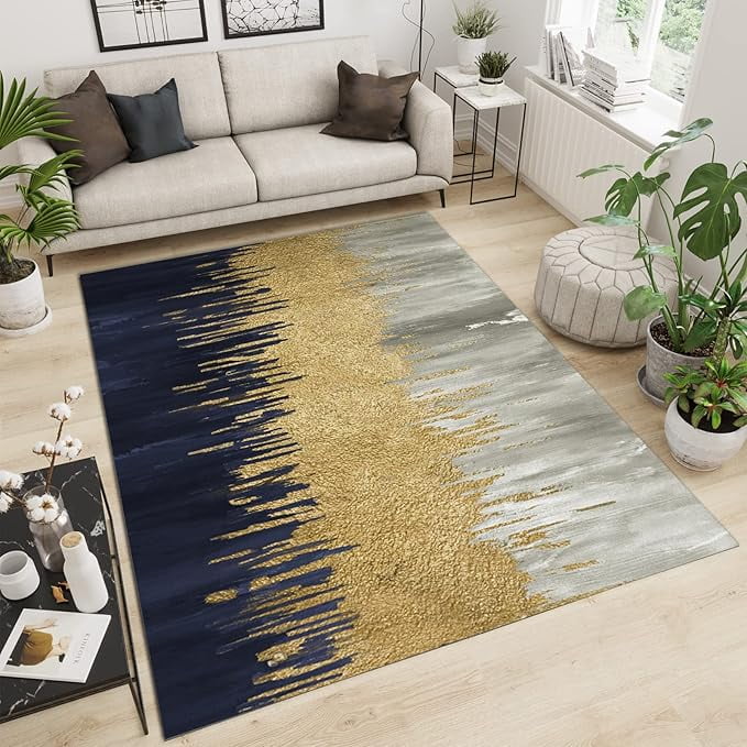 Blue Gold Gray Marble Area Rugs, Modern Light Luxury Graffiti Retro ...