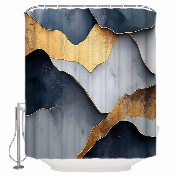 Blue Gold Gray Marble Bathroom Shower Curtains with 12 Hooks Polyester ...