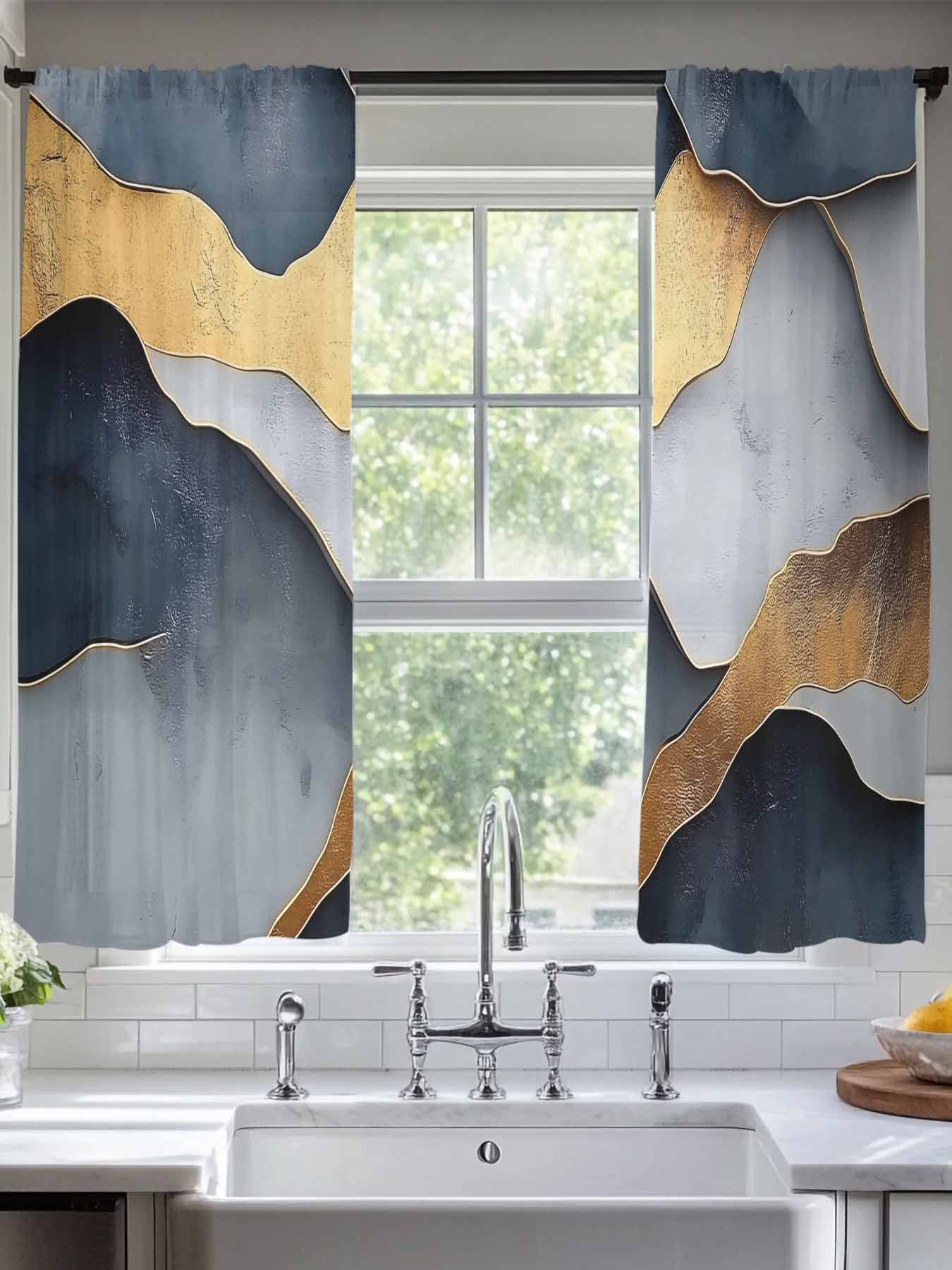Blue Gold Gray Marble Sheer Curtains for Living Room Bedroom Modern ...