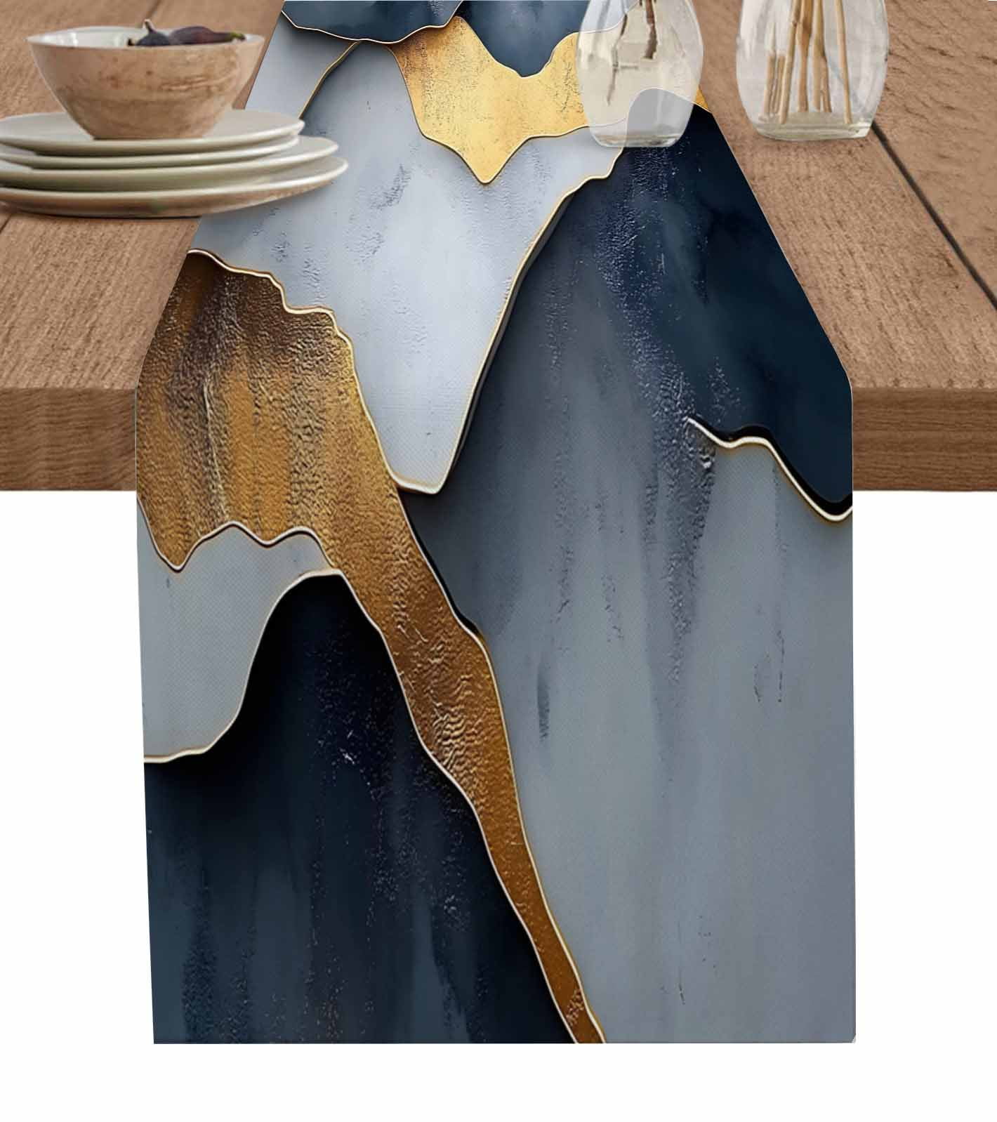 Blue Gold Gray Marble Table Runner 72 Inches, Modern Abstract Mountain ...