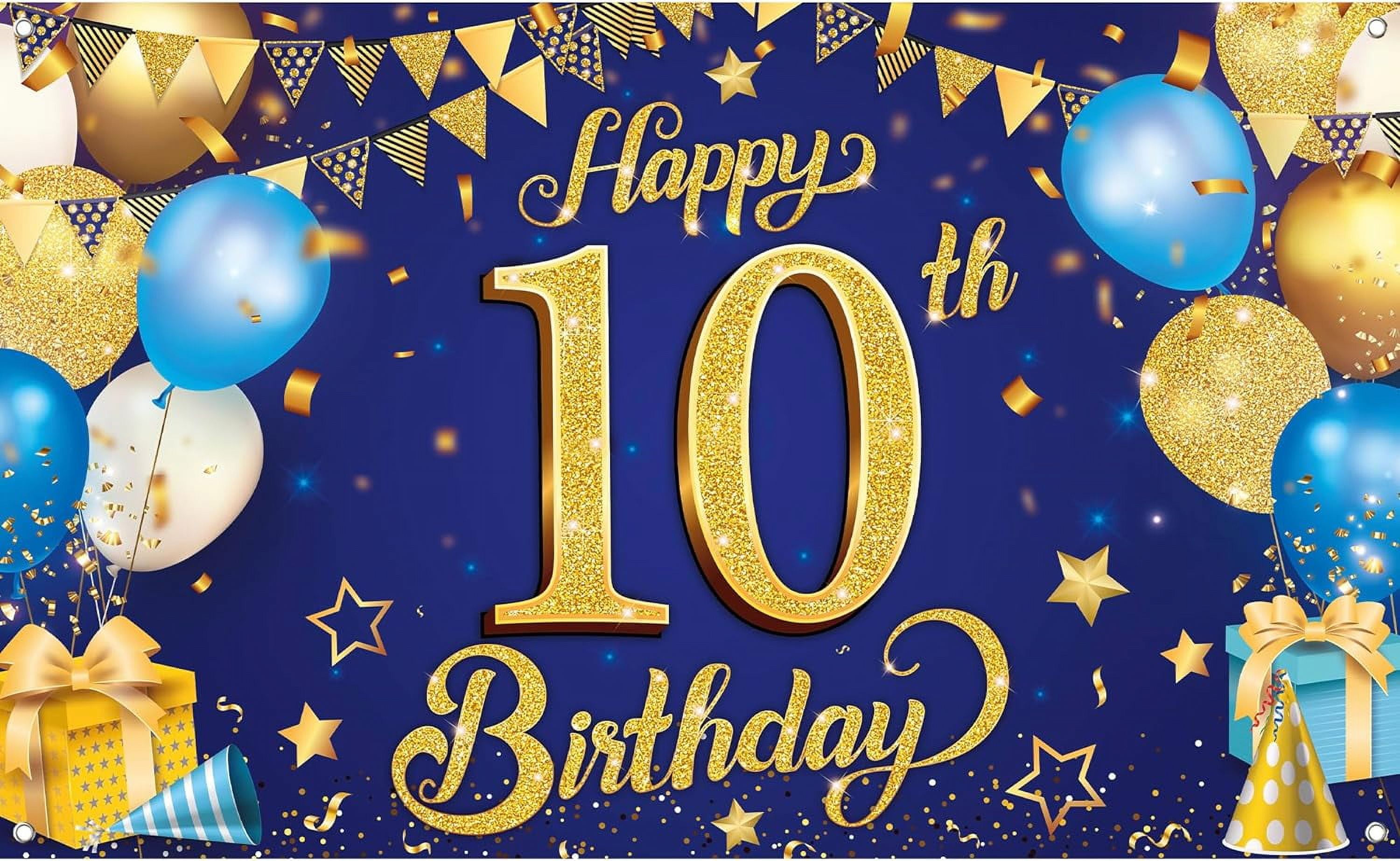 Blue and Gold Happy 10th Birthday Banner, 10th Birthday Decorations for ...
