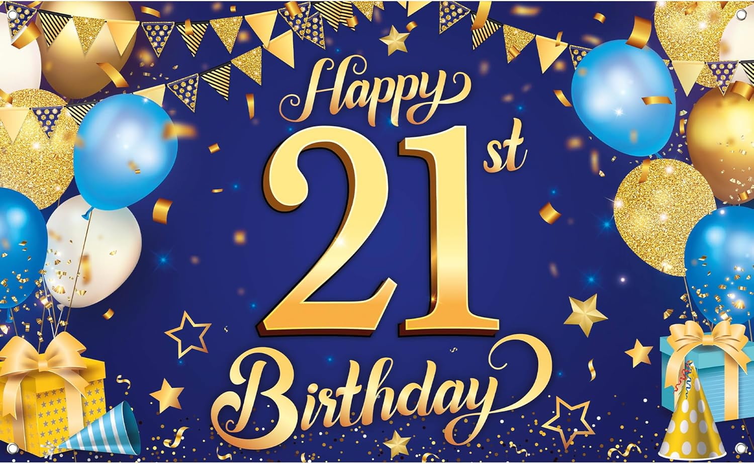 Blue and Gold Happy 21st Birthday Banner, 21st Birthday Decorations for ...