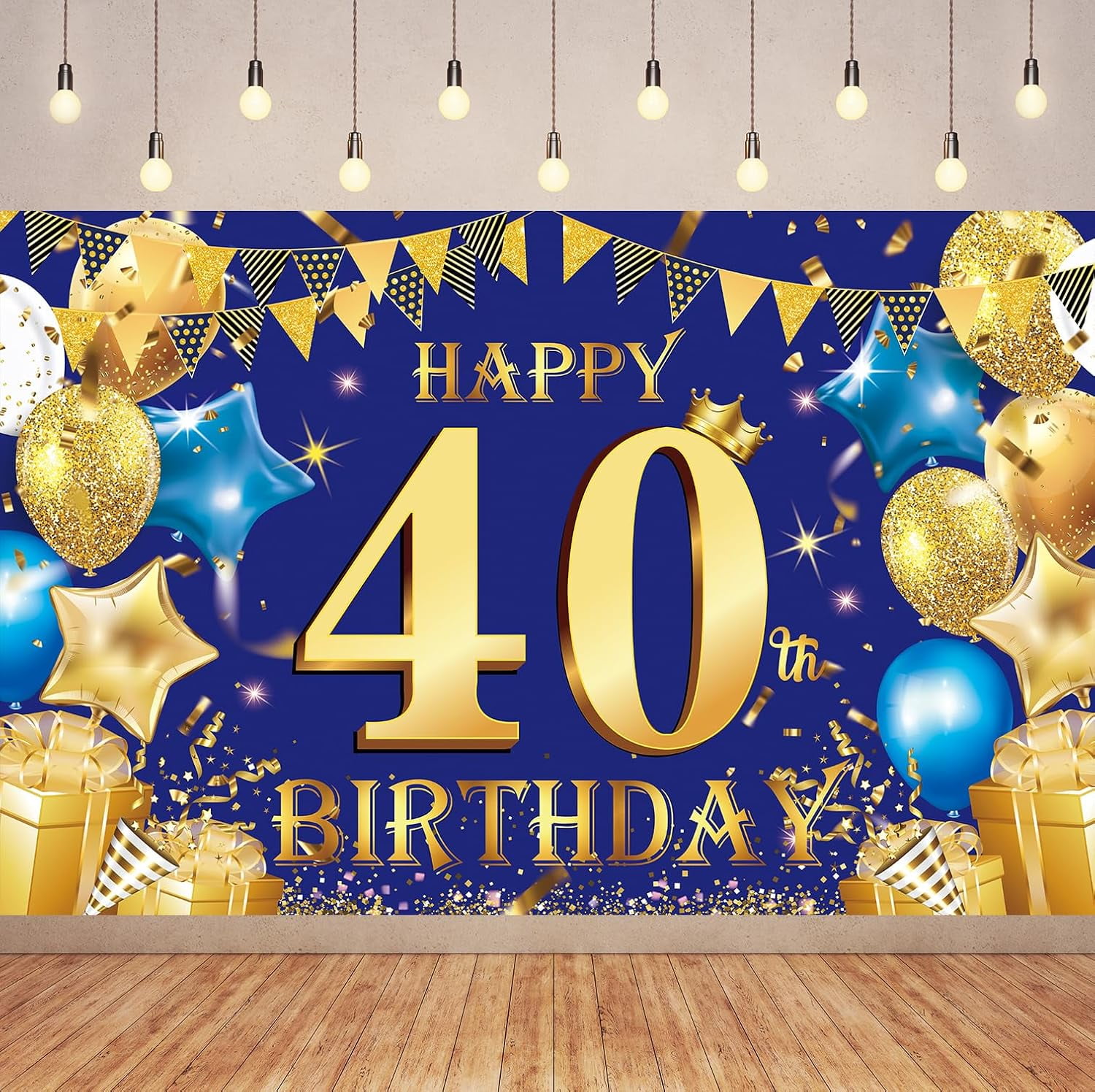 Blue Gold Happy 40th Birthday Backdrop Decorations,Blue Gold Happy ...