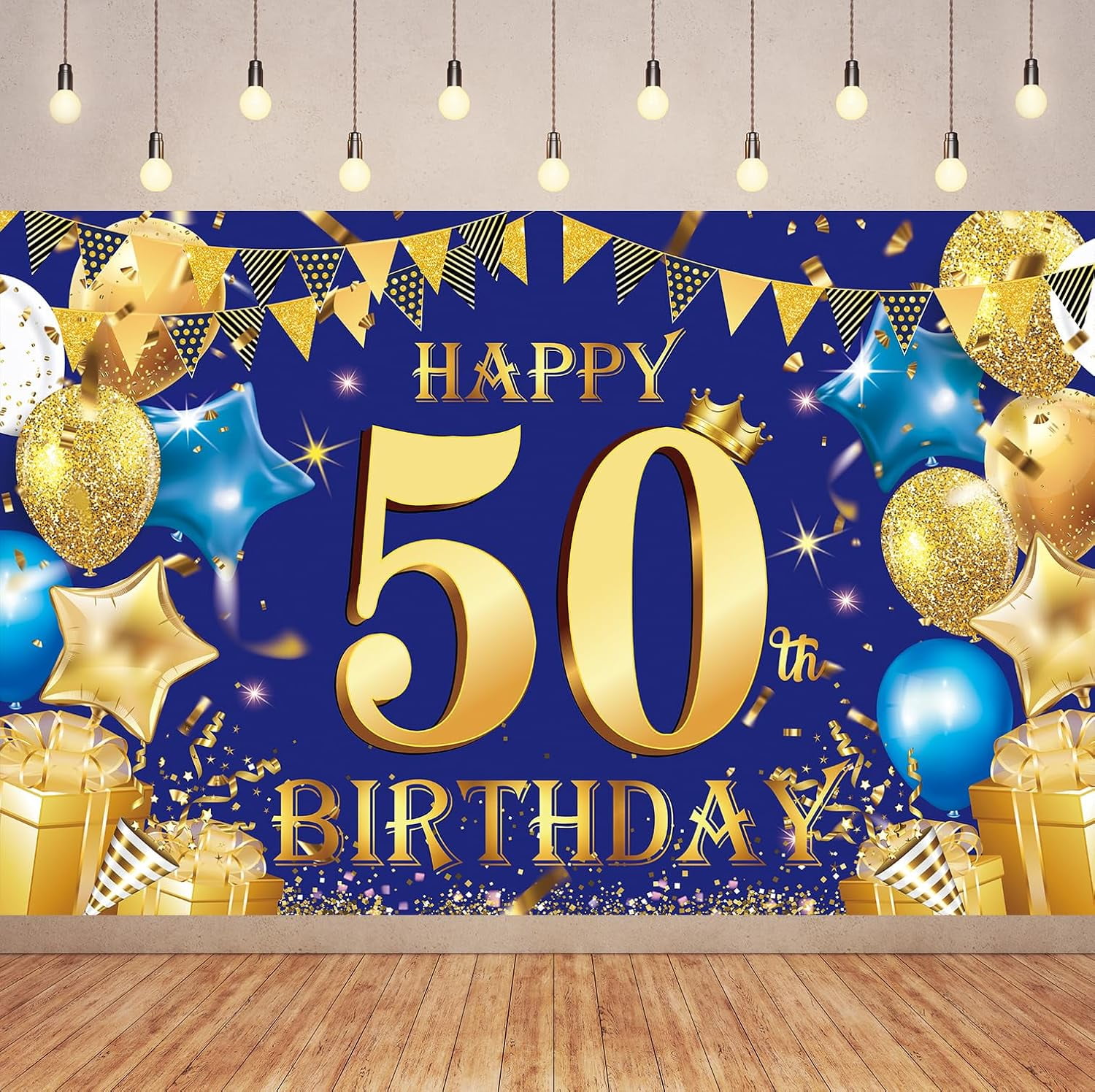 Blue Gold Happy 50th Birthday Backdrop Decorations,Blue Gold Happy ...