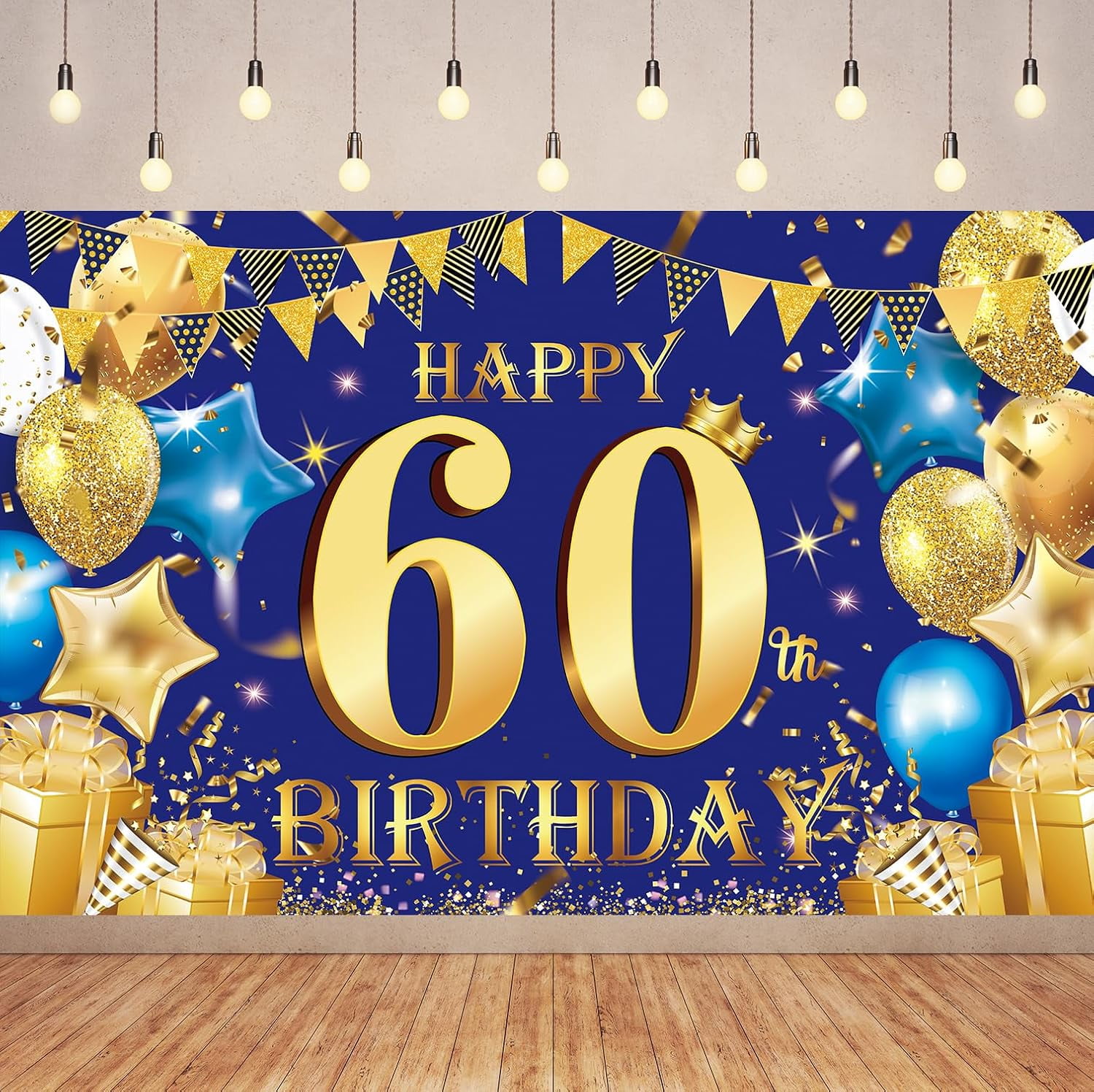 Blue Gold Happy 60th Birthday Backdrop Decorations,Blue Gold Happy ...