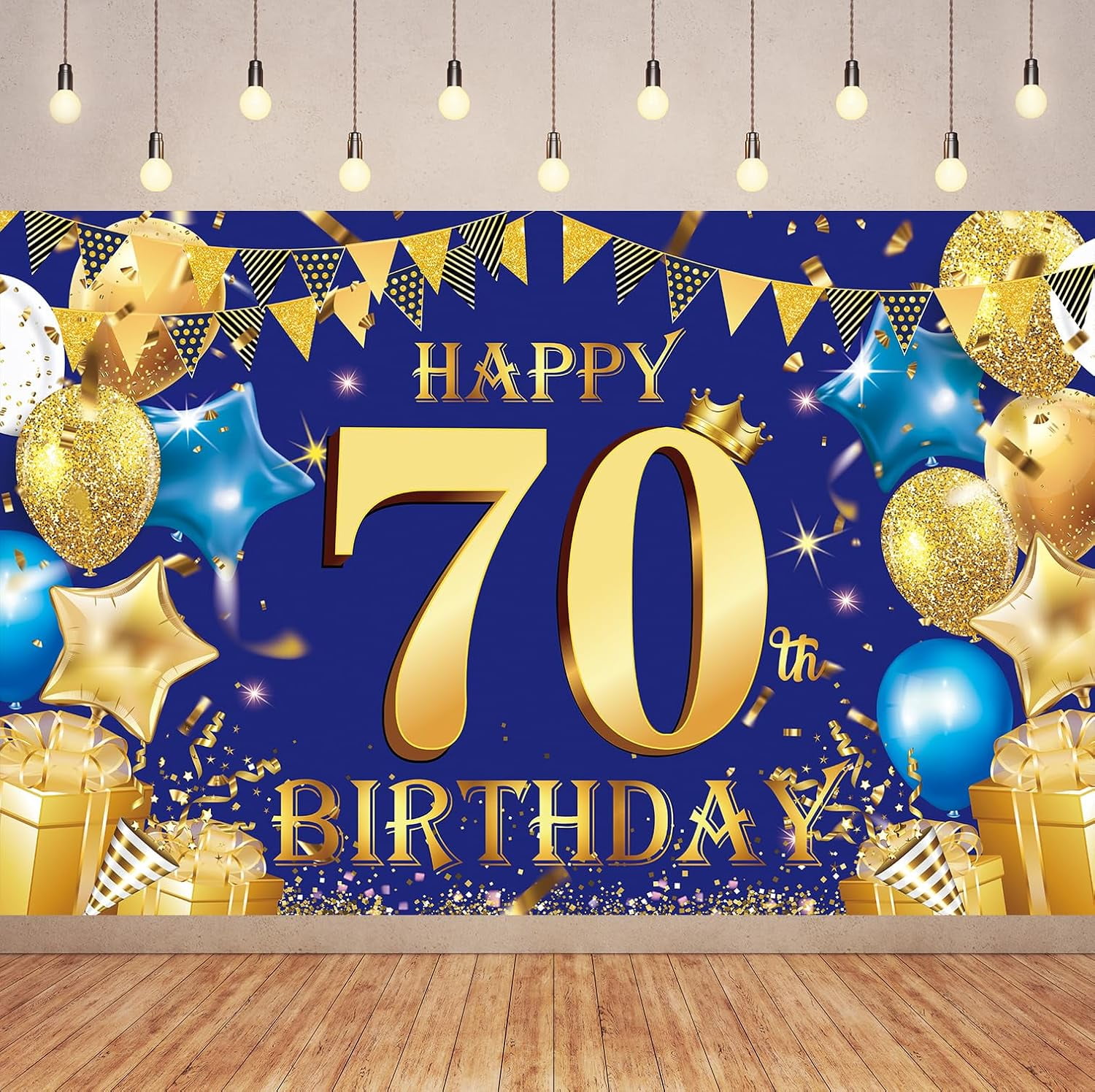 Blue Gold Happy 70th Birthday Backdrop Decorations,Blue Gold Happy ...