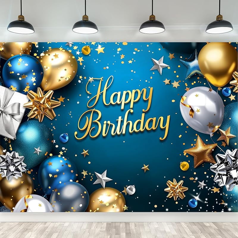 Blue Gold Happy Birthday Backdrop Balloon Stars Golden Sliver Gifts ...