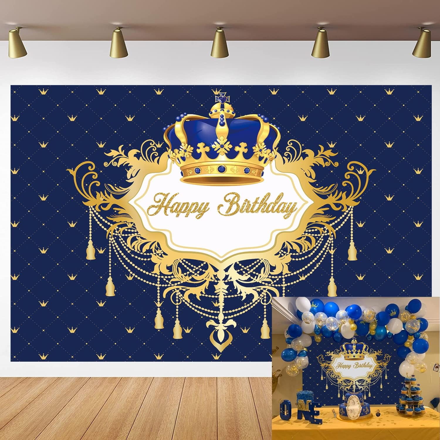 Blue and Gold Happy Birthday Backdrop Little Prince Crown Royal Celebration Party Photography ...