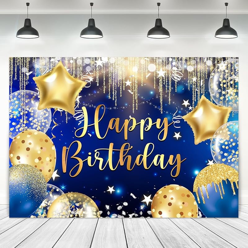 Blue Gold Happy Birthday Backdrop for Men Boys Royal Navy Modern Luxury Balloons Stars Sparkle ...