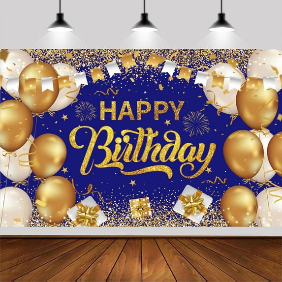 Blue Gold Happy Birthday Backdrop, Blue Gold Happy Birthday Photography ...