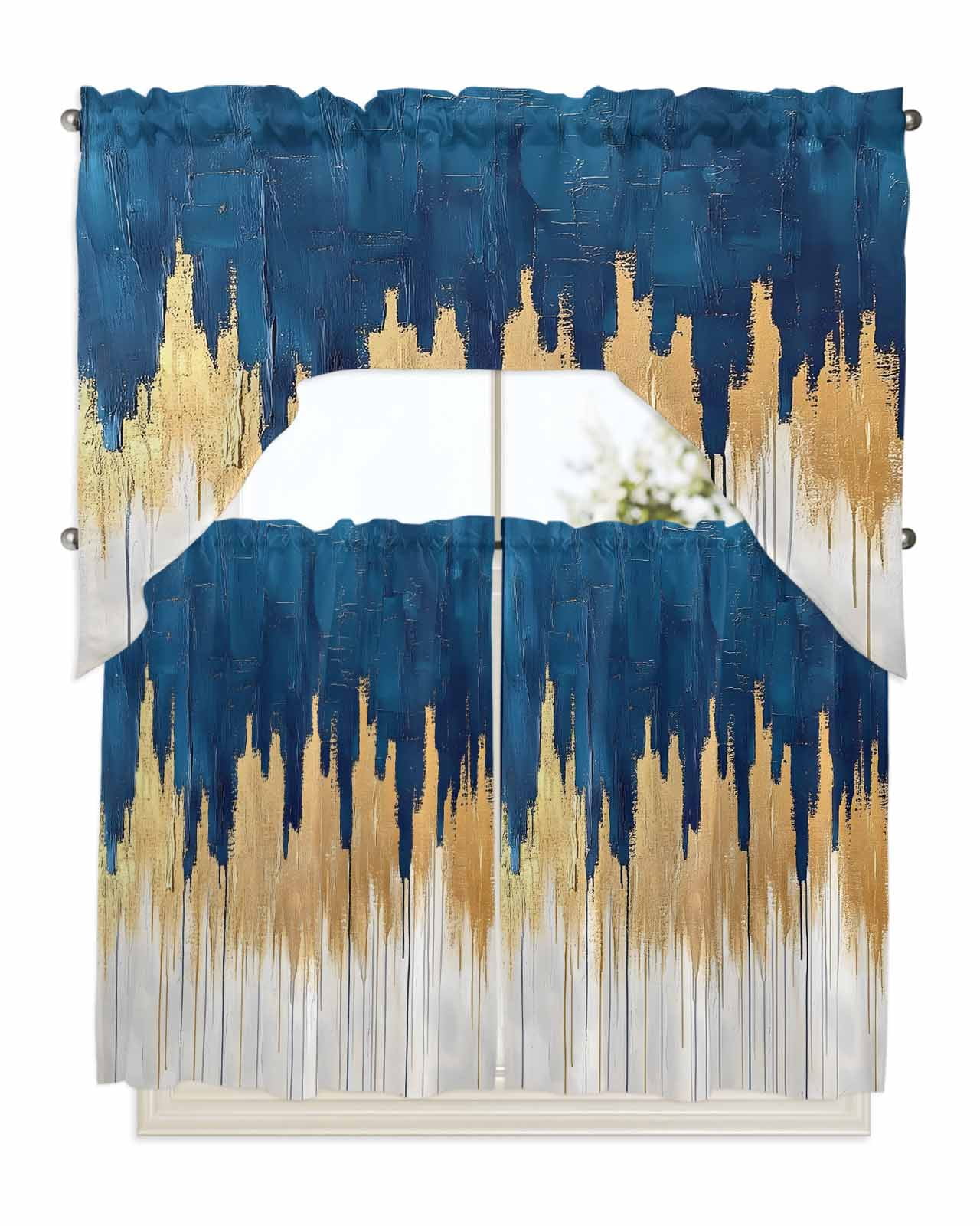 Blue Gold Kitchen Curtain and Valance Set 3 Pieces,Rod Pocket Short ...