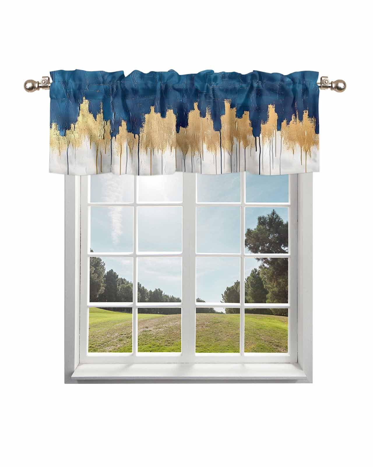 Blue Gold Kitchen Curtain Valances for Windows Farmhouse Short Curtains ...