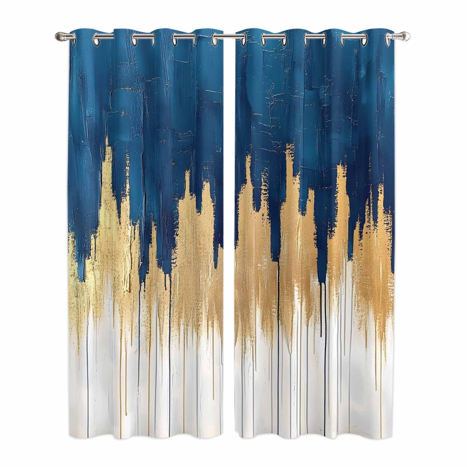Blue Gold Kitchen Curtains 96 Inch Length, Modern Street Art Splatter ...