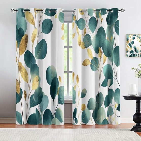 Blue Gold Leaf Blackout Curtains, Watercolor Vine Curtains For Living ...