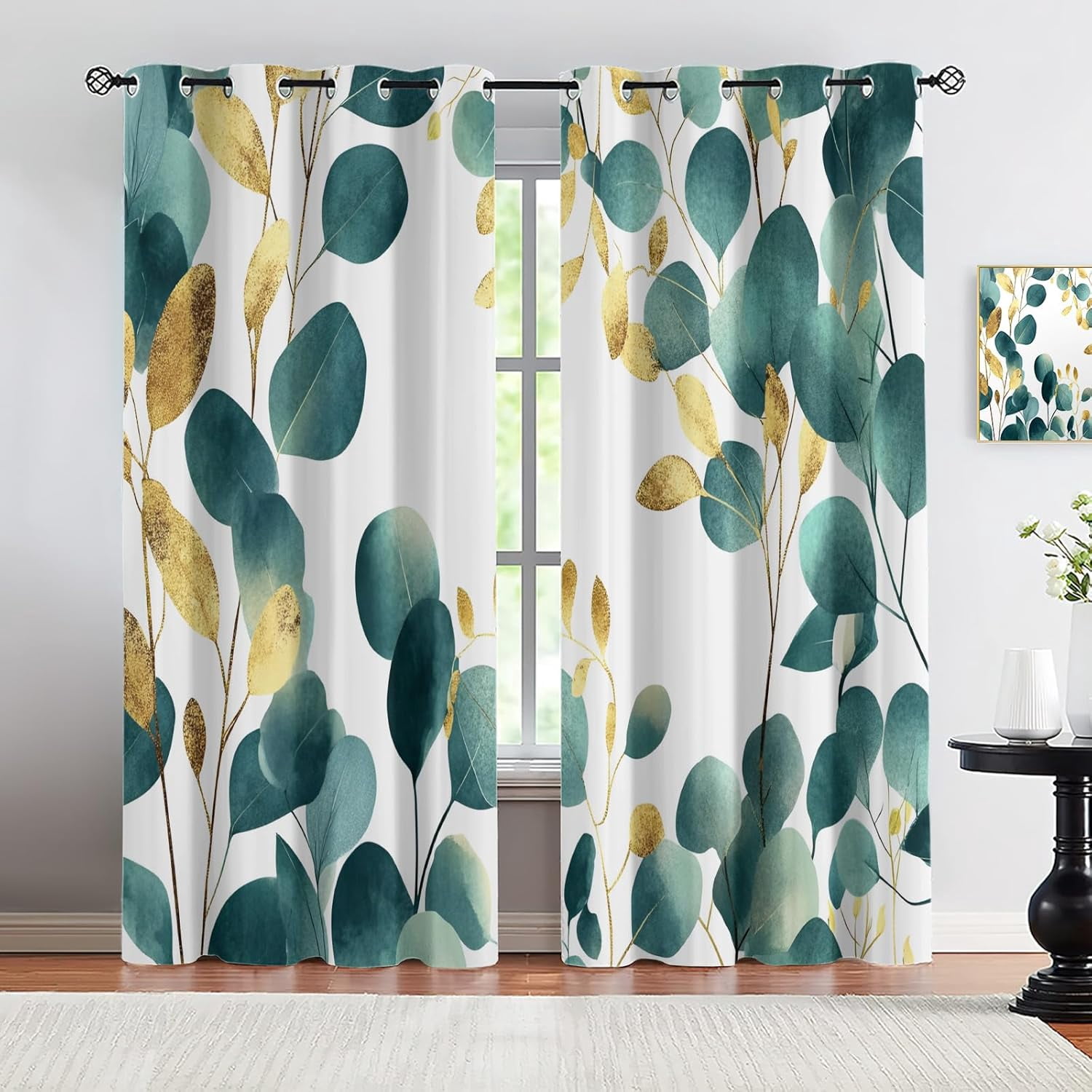 Blue Gold Leaf Style Blackout Curtains Curtain Panels for Living Room ...